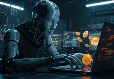 Futuristic Robot Analyzing Cryptocurrency Data With Bitcoin Graphics In