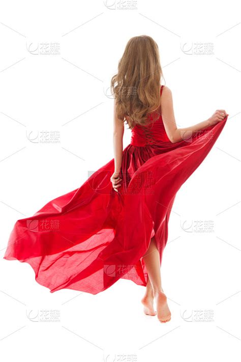 风 背面视角 女人 衣服 红色裙子 女孩 吹 步行 挥手