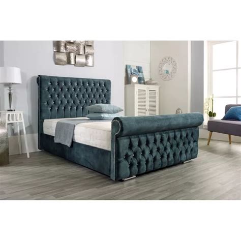 New Sleigh Bed Frame Plush Velvet Upholstered Ottoman Gas Lift Storage
