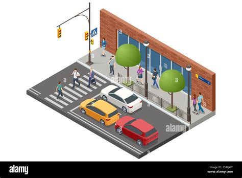 An Isometric City Design Of Pedestrian Crossing With Vehicles Stopping At Signal Pedestrians