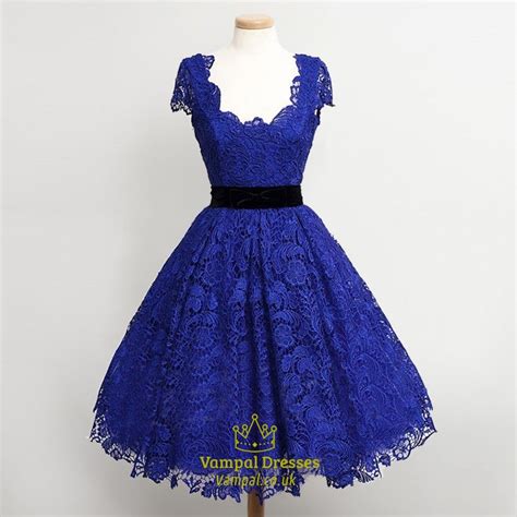 Royal Blue Lace Overlay Cap Sleeves Tea Length Cocktail Dresses