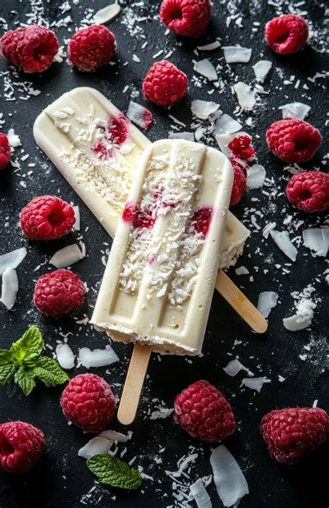 Popsicle With Coconut And Raspberries On A Dark Background Refreshing