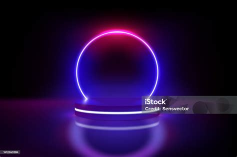 공상 과학 방에서 현실적인 3d 파란색 받침대 연단 밝은 그라디언트가있는 빈 연단의 벡터 일러스트레이션 렌더링 제품 디스플레이 프리젠 테이션 우승자 받침대 미래지향적인