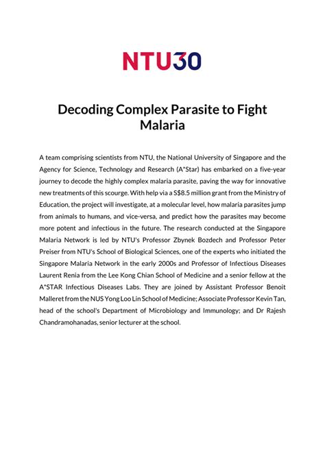 Decoding Complex Parasite To Fight Malaria By NTU