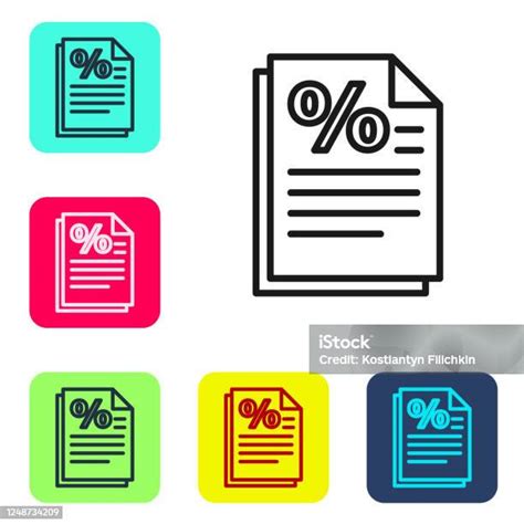 흰색 배경에 격리 된 블랙 라인 금융 문서 아이콘입니다 송장 또는 청구서 개념에 대한 종이 은행 문서 색상 정사각형 단추로 아이콘을 설정합니다 벡터 일러스트레이션 가격에