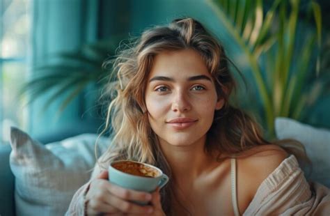 Premium Photo Young Woman Sitting On A Sofa Drinking Coffee