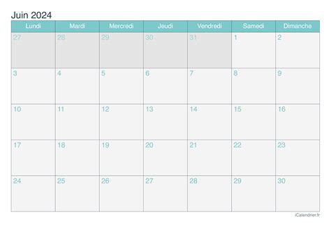 Calendrier Juin 2024 à Imprimer
