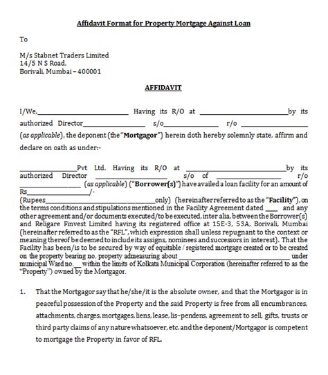 Affidavit Format For Property Mortgage Against Loan In Word