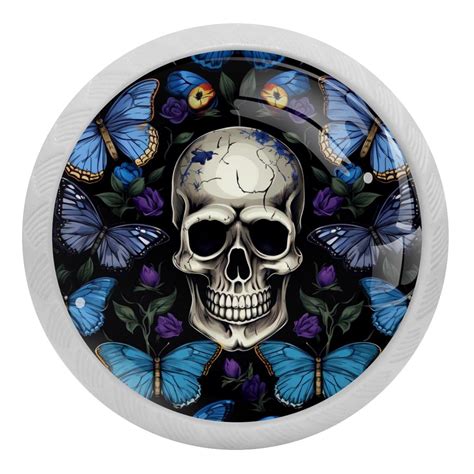 Butterfly Skull Pattern 4pcs Cabinet Knobs Pulls Fluorescent Drawer