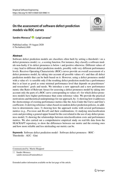 Pdf On The Assessment Of Software Defect Prediction Models Via Roc Curves