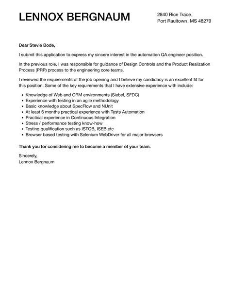 Automation Qa Engineer Cover Letter Velvet Jobs