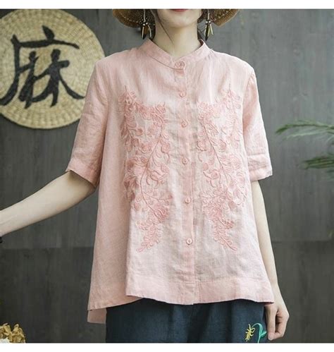 중국옷 전통의상 전통옷 스타일 중국 린넨 셔츠 블라우스 여성 여자 반팔 루즈 자수 큰 여름 티몬