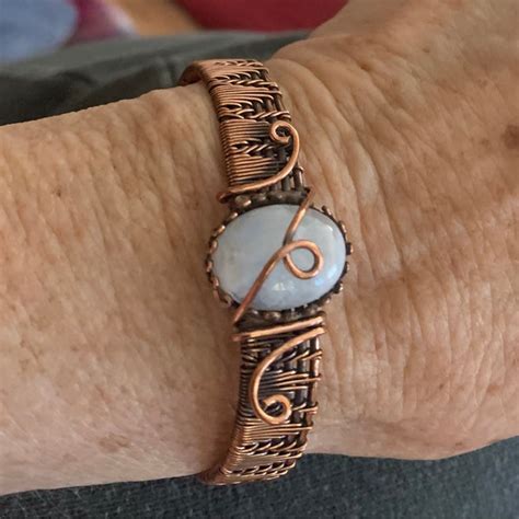 Rainbow Moonstone Cuff Bracelet Copper Wire Wrapped Bangle Rainbow