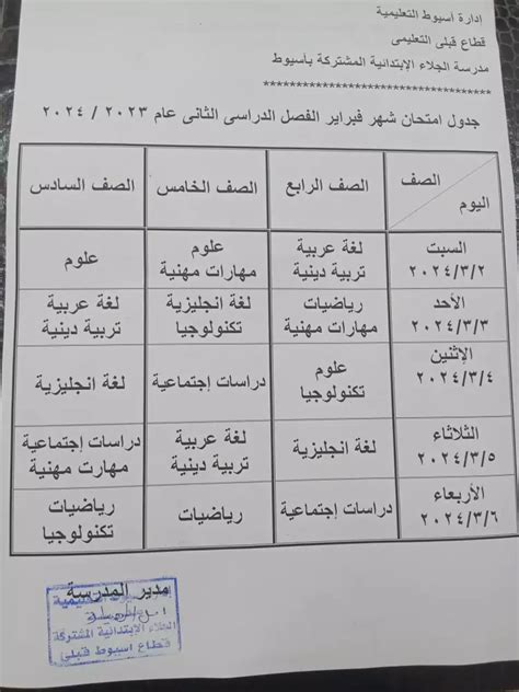 جدول امتحانات شهر فبراير الصف الرابع والخامس والسادس الابتدائي أسيوط