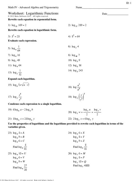 math iv worksheet logarithmic functions pdf logarithm exponential function