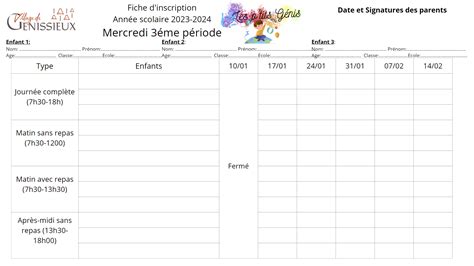 Fiche dinscription Année Scolaire 2024 2025 Mercredis 3ème période