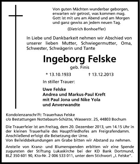 Traueranzeigen Von Ingeborg Felske Trauer In Nrw De