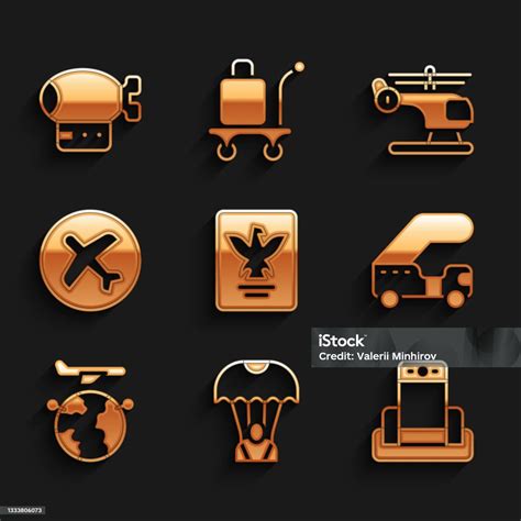 여권 낙하산 공항의 금속 탐지기 승객 사다리 비행 비행기 비행기 헬리콥터 및 비행선 아이콘이있는 글로브를 설정합니다 벡터 감지기에 대한 스톡 벡터 아트 및 기타 이미지