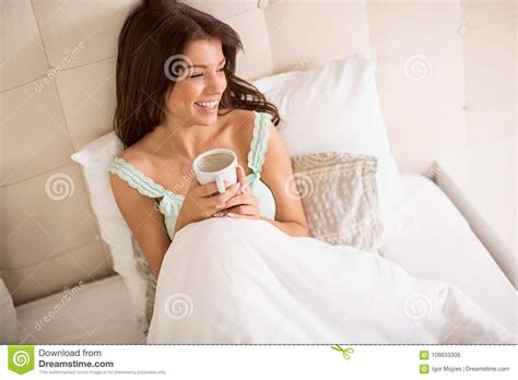 Nice Girl In Bed Hold Cup Of Coffee Stock Image Image Of Relax Girl