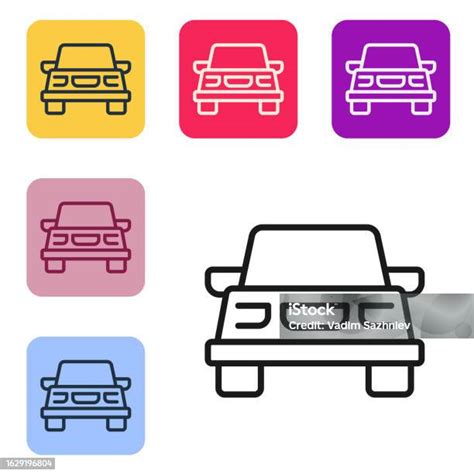 흰색 배경에 격리 된 검은 줄 자동차 아이콘 색상 정사각형 단추로 아이콘을 설정합니다 벡터 0명에 대한 스톡 벡터 아트 및 기타