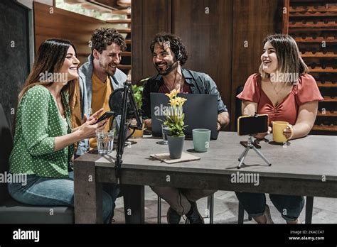 Young Friends Group Sharing Content Online On Streaming Platform With