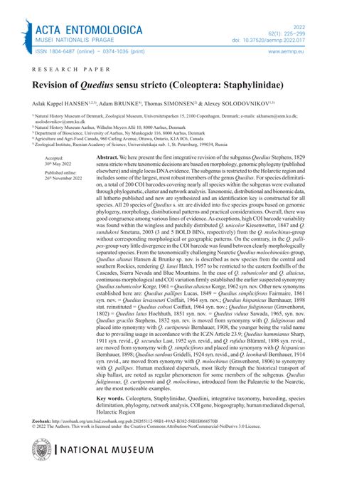 Pdf Revision Of Quedius Sensu Stricto Coleoptera Staphylinidae