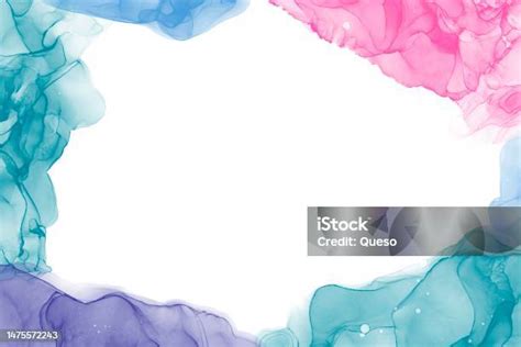 알코올 잉크 아트 추상 다채로운 템플릿입니다 흰색 배경에 녹색 파란색 및 분홍색 웨이브 프레임 다중 색상에 대한 스톡 벡터 아트