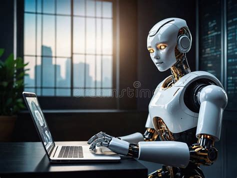 ai robot using laptop abstract background technology future concept generative ai stock