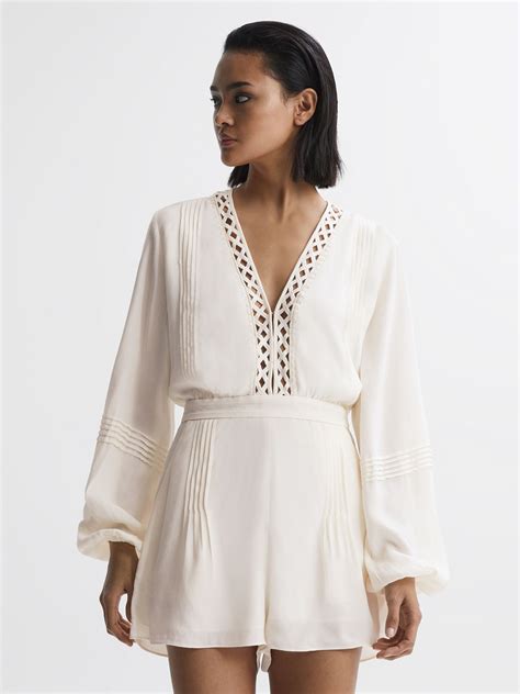 Reiss Long Sleeve Lattice Playsuit In Cream Reiss