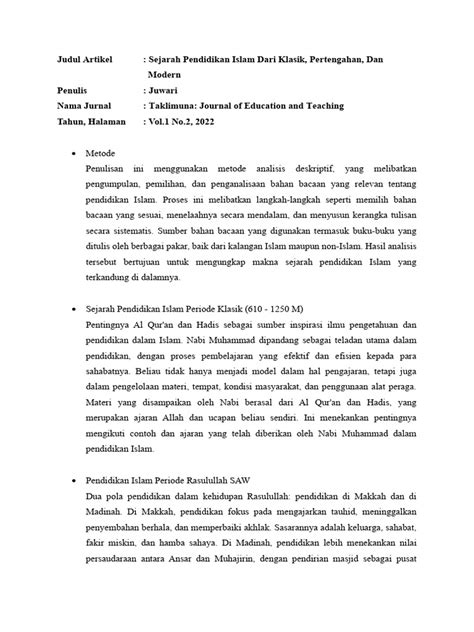 Review Jurnal Hakikat Sejarah Pendidikan Islam M Idham Kholid Pdf