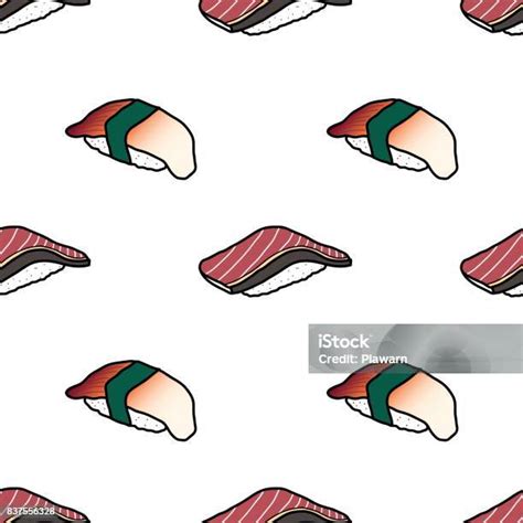 흰색 바탕에 화려한 가다랑어와 서핑 조개 초밥 귀여운 일본 음식 손으로 그린 스타일입니다 원활한 패턴 귀여운에 대한 스톡 벡터