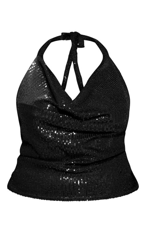Plus Black Sequin Halterneck Top Plus Size Prettylittlething