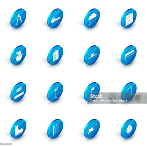 설정 전기 톱 비가 구름 특정 식물의 씨앗가득 팩 선인장과 즙이 많은 냄비 빈 나무 간판 쓰레기 통 벤치와 노동자 모자 아이콘 벡터 3차원 형태에 대한 스톡 벡터 아트 및