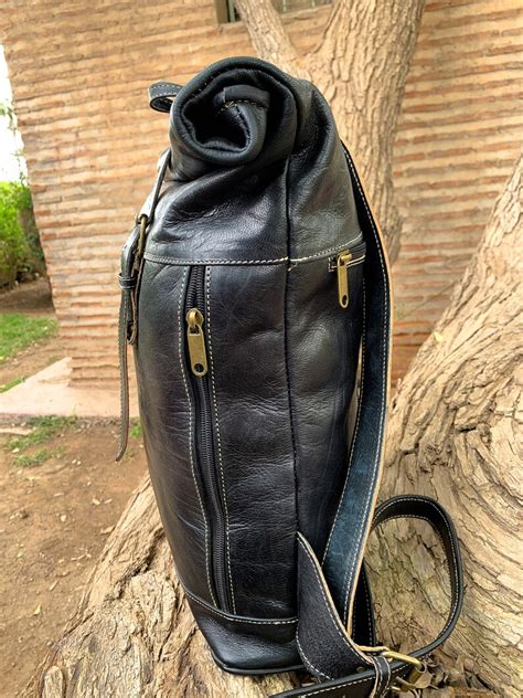 Personalised Roll Top Leather Backpack Leather Hiking Etsy