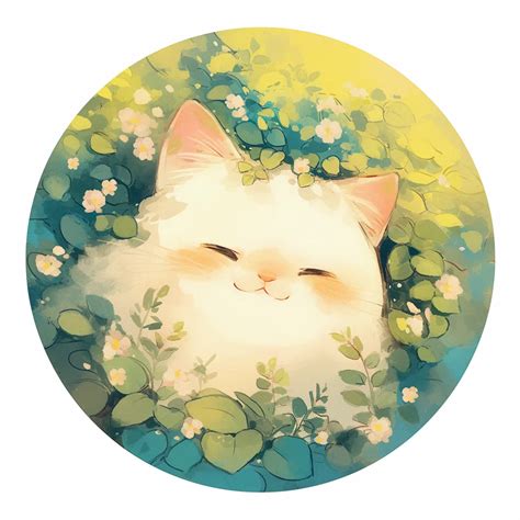 花と緑に包まれた幸せ顔 かわいい猫アイコン｜ai百科「シンテリ」で調べる語句・イラスト