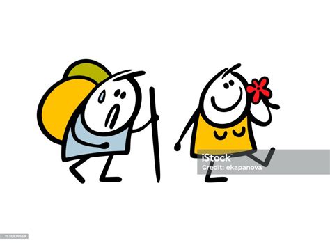 하이킹에 무거운 배낭을 메고 피곤한 남자와 야생화를 든 쾌활한 여자가 걷고 있다 관광 여행을 하는 남편과 아내의 벡터 그림입니다 가족에 대한 스톡 벡터 아트 및 기타 이미지
