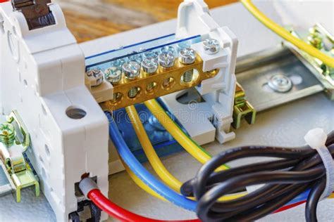Circuit Breaker Wire Terminal Block And Electrical Socket With Connected Wires Stock Photo