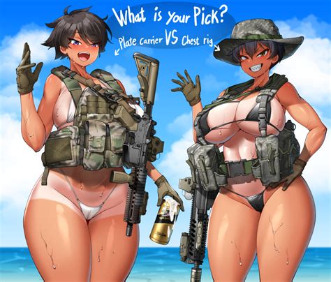 Rule 34 2girls Absurdres Black Hair Blue Eyes Blush Boonie Hat Breasts Brown Gloves