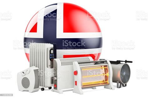 난방 장치가있는 노르웨이 국기 노르웨이에서 대류 팬 오일 충전 및 적외선 히터의 제조 거래 및 서비스 3d 렌더링 3차원 형태에 대한 스톡 사진 및 기타 이미지 Istock