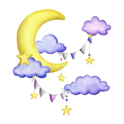 Una Linda Luna Amarilla Cosida Con Estrellas Colgantes Guirnaldas