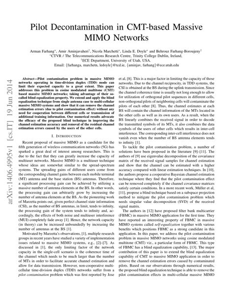 Pdf Pilot Decontamination In Cmt Based Massive Mimo Networks