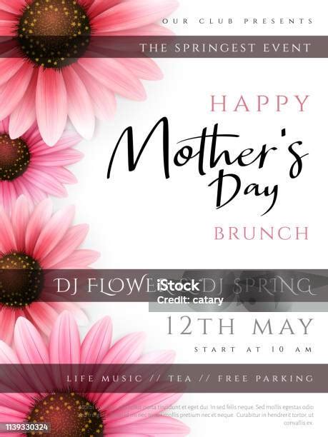 벡터 일러스트 레이 션의 어머니의 날 초대장 파티 포스터 템플릿 현실적인 개화 거 베라 꽃과 사용자 정의 손 글자 따옴표행복 한 어머니의 날 어버이날에 대한 스톡 벡터 아트