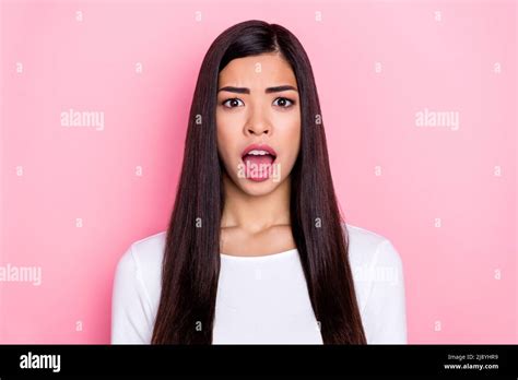 Photo Of Impressed Millennial Brunette Lady Open Mouth Wear Trend Cloth
