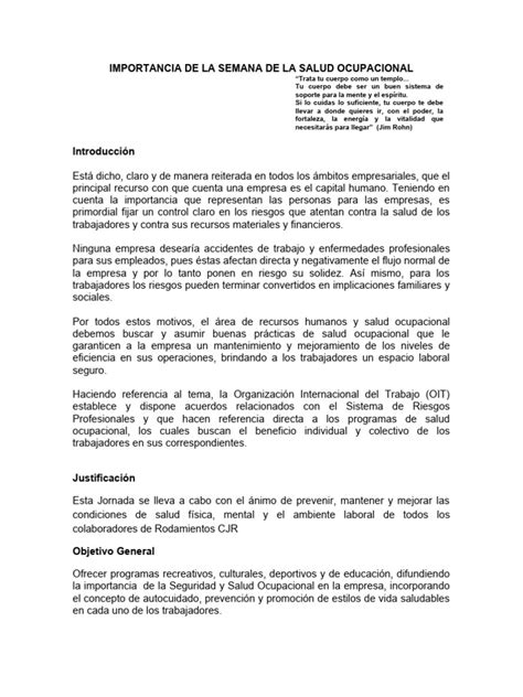 Importancia De La Semana De La Salud Ocupacional Pdf