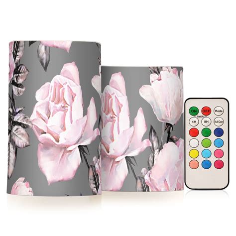 Pink Flowers And Leaves On Gray 2 Pcs Led Flickering Flameless Candles