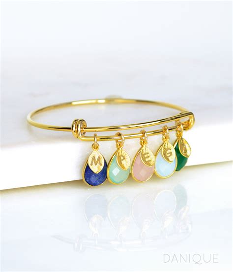 Mothers Personalized Birthstone Bangle Bracelet With Initial Charms