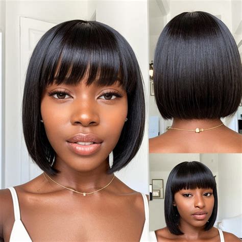 Realistic Glueless Natural Black Yaki Straight Bob With Bangs Wig 10