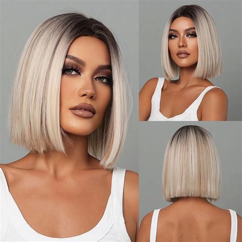 Peruca Blonda Ombre Bob Cu Suvite Blonde Gri Blond Platinat