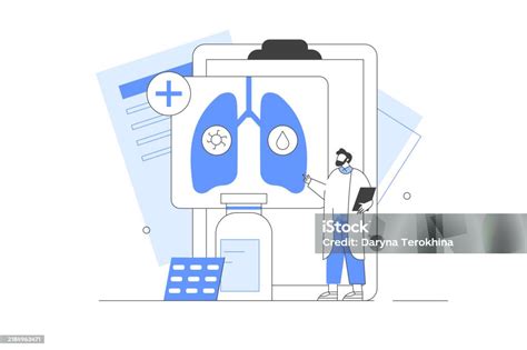 폐 질환 호흡기 계통의 감염을 검사하고 진단하는 의사 천식 건강 관리 및 의학 개념입니다 평면 만화 벡터 일러스트 레이 션