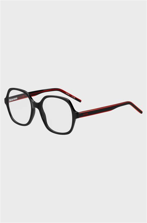 Hugo Black Acetate Optical Frames With Signature Red Layered Temples